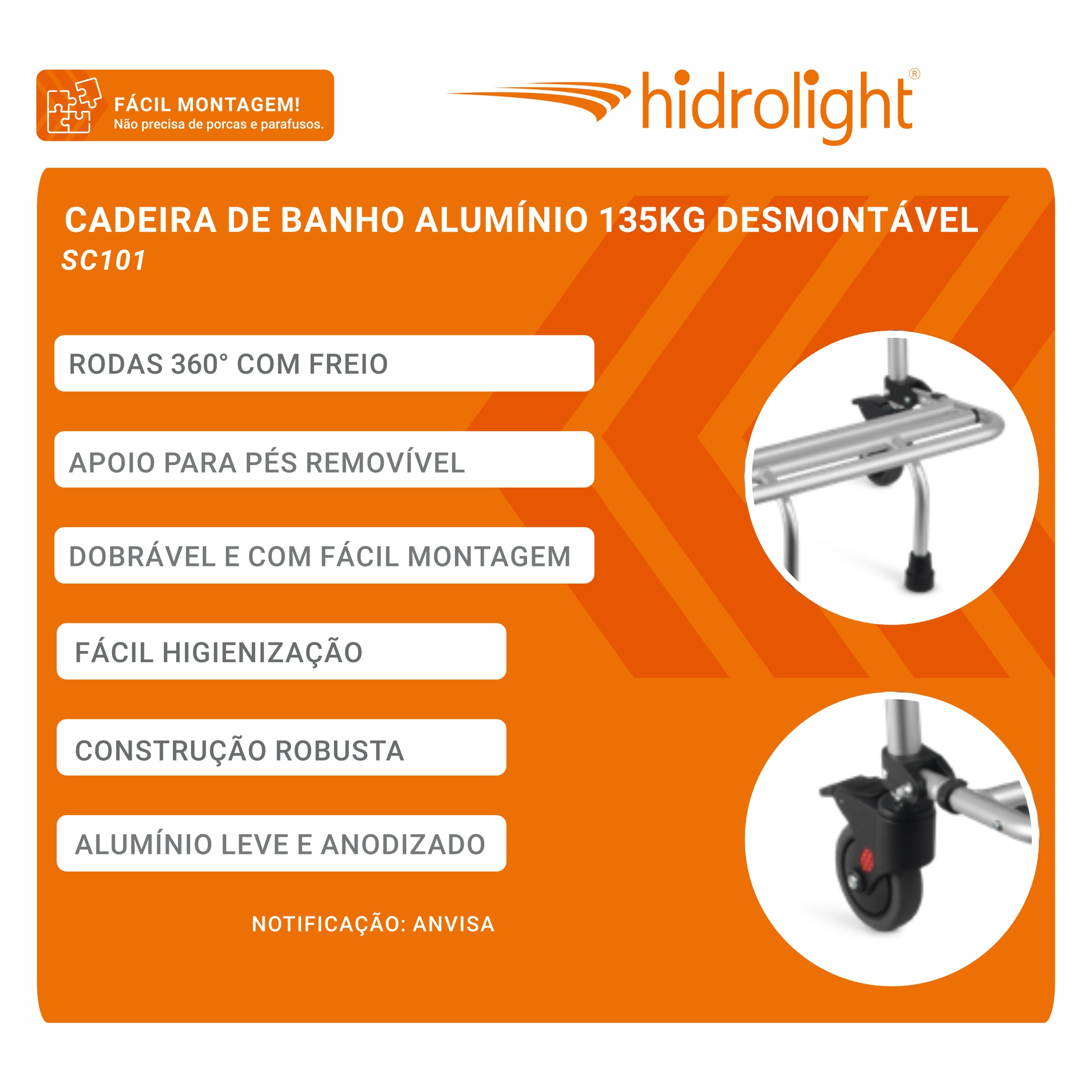 CADEIRA DE BANHO ALUMÍNIO 135KG DESMONTÁVEL HIDROLIGHT – SC101 - Nipo ...